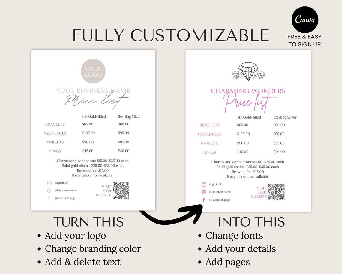 Permanent Jewelry Price List - Editable Printable Price List Sign ...