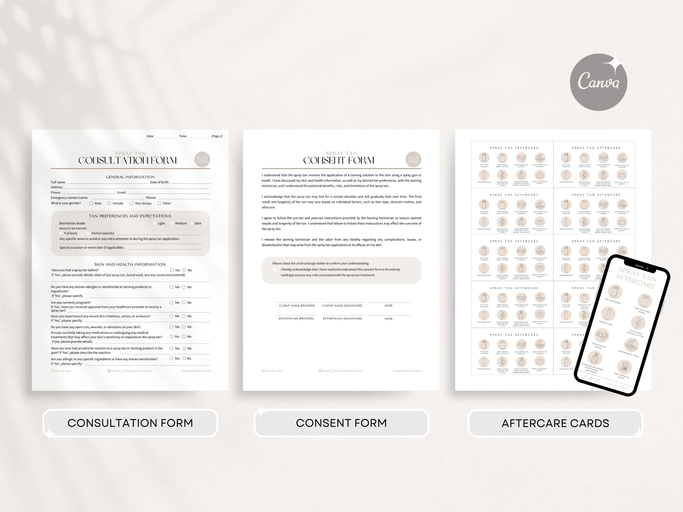 Spray Tan Consent Forms - Spray Tan Forms, Spray Tan Aftercare Cards ...