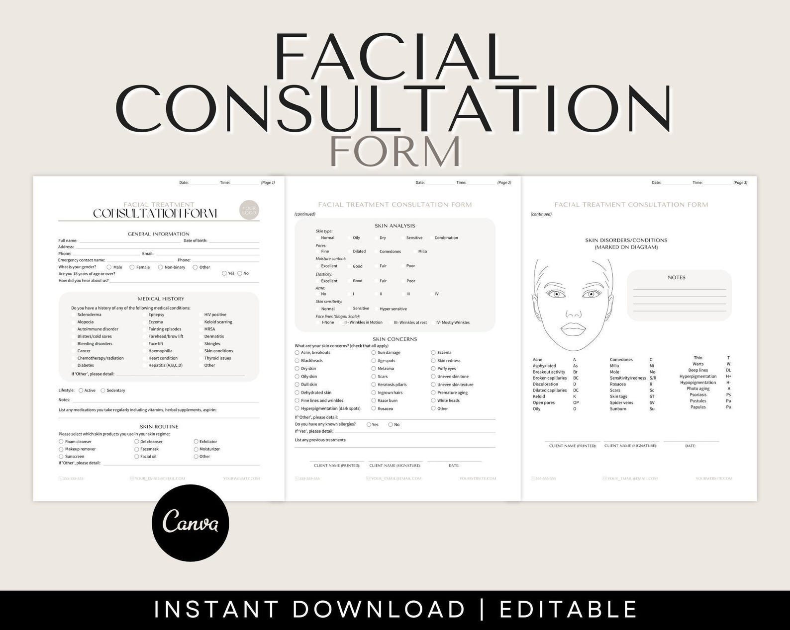 Facial Consent Form, Facial Consultation Form Includes Skin Analysis ...