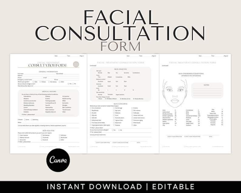 Facial Consent Form, Facial Consultation Form Includes Skin Analysis ...