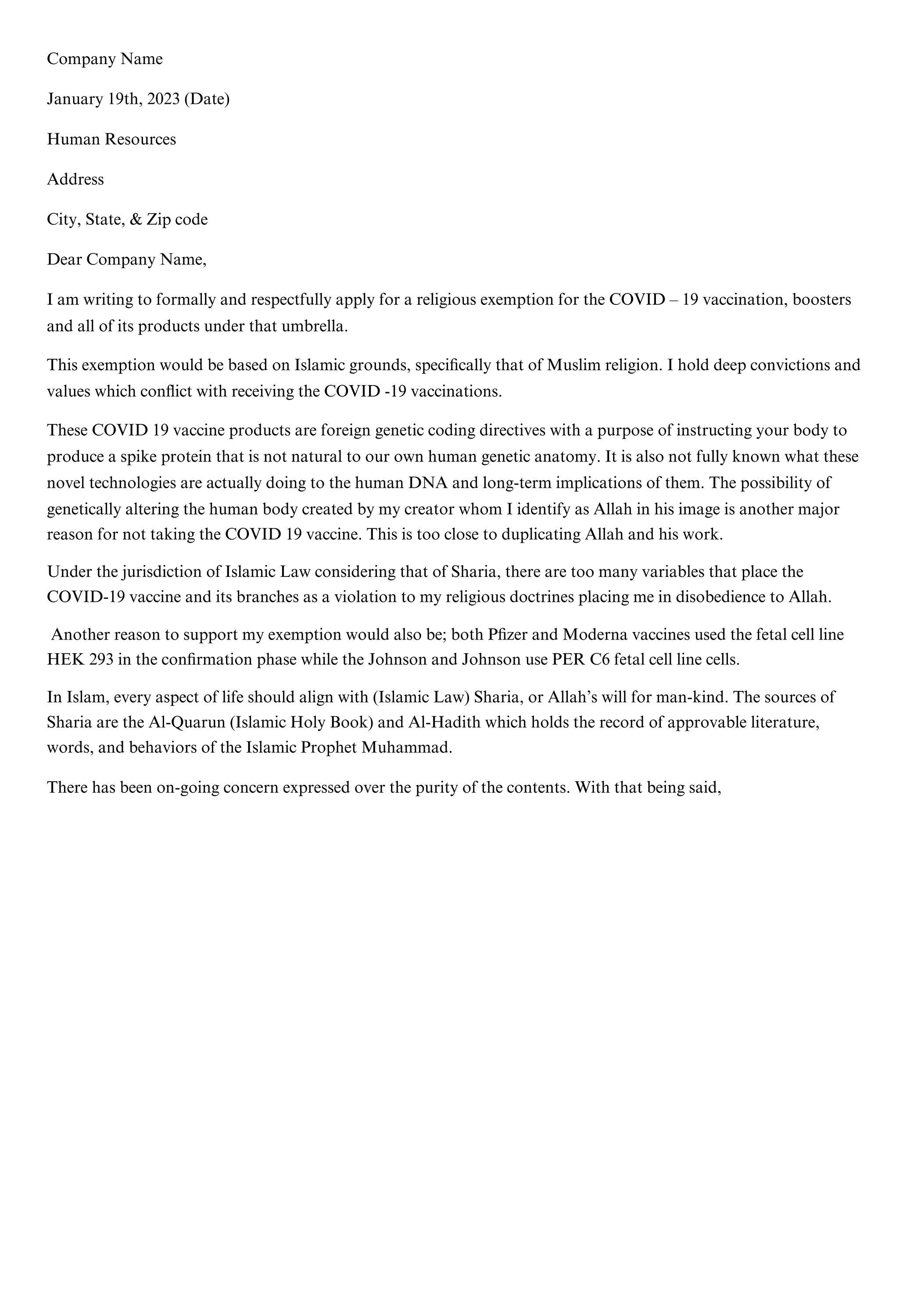 Editable Complete COVID Religious Exemption Letter (muslim) - Etsy