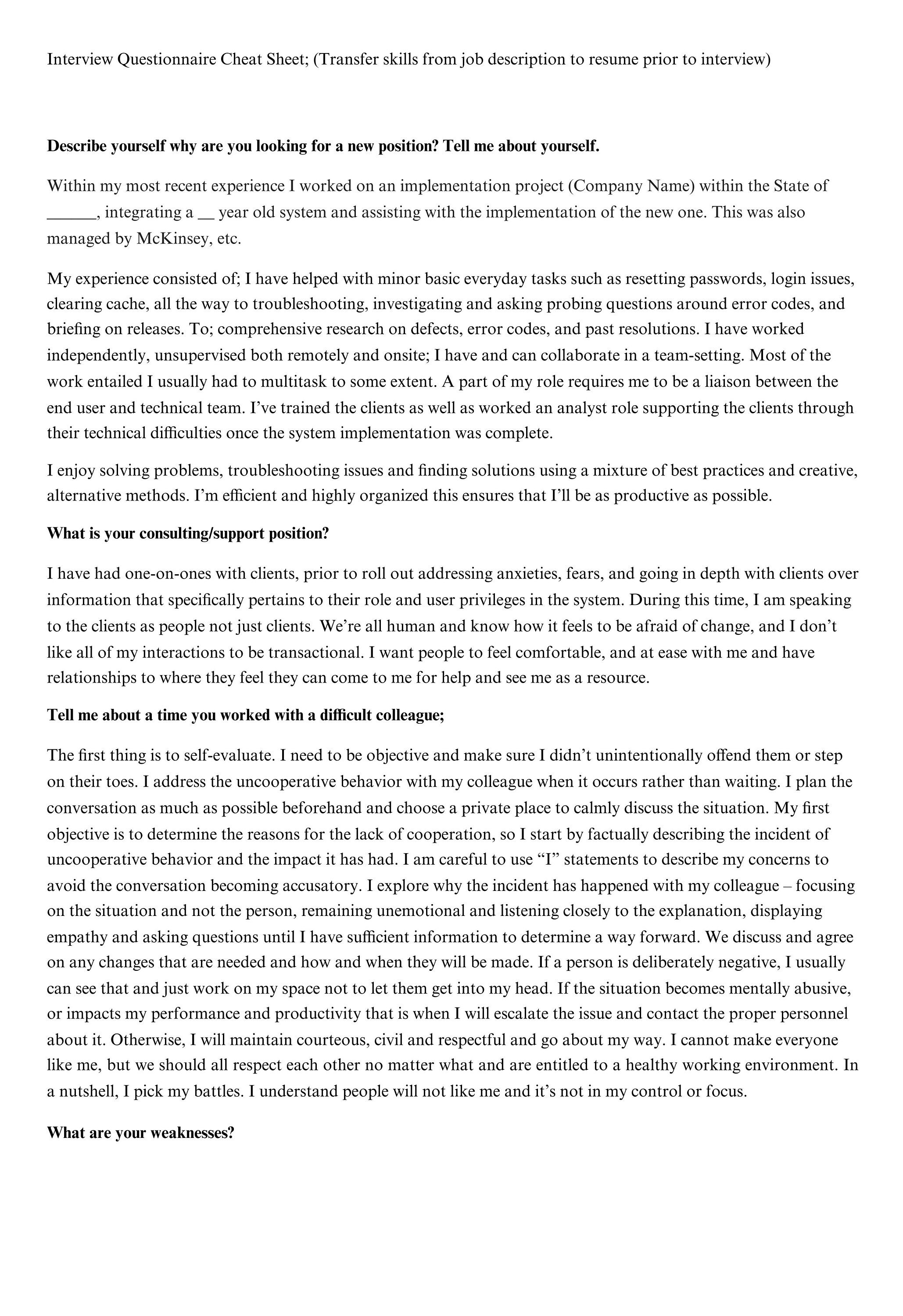 Editable | Interview Questionnaire Cheat Sheet With Answers |nail the ...