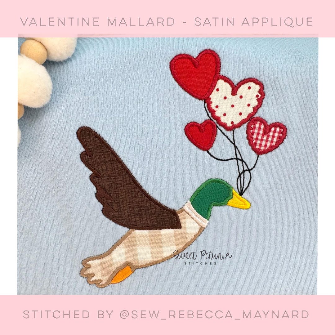 Valentine Mallard Duck With Heart Balloon - Satin Stitch Applique ...
