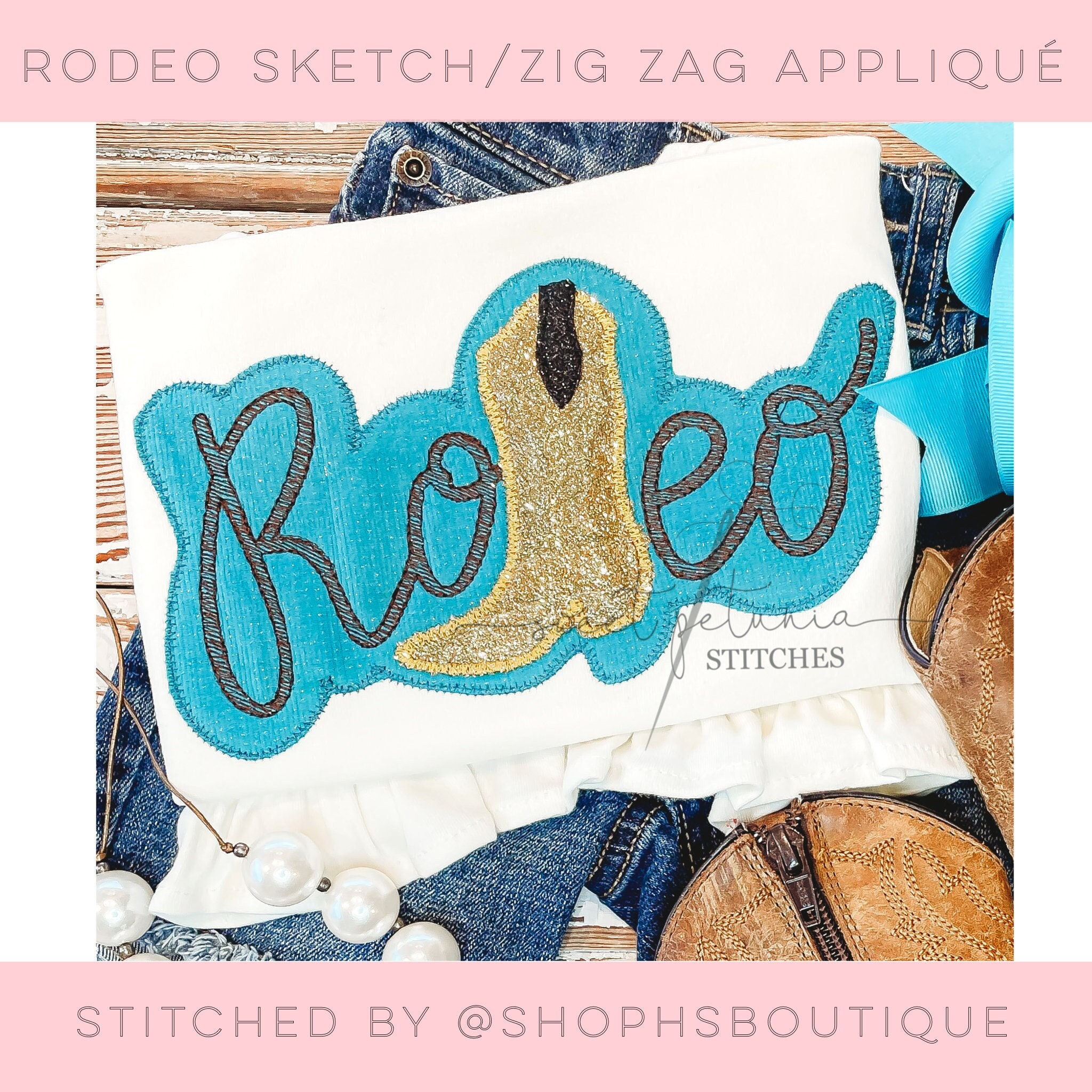 Rodeo Handlettered Boot Country Western Zig-zag Applique Sketch Fill ...