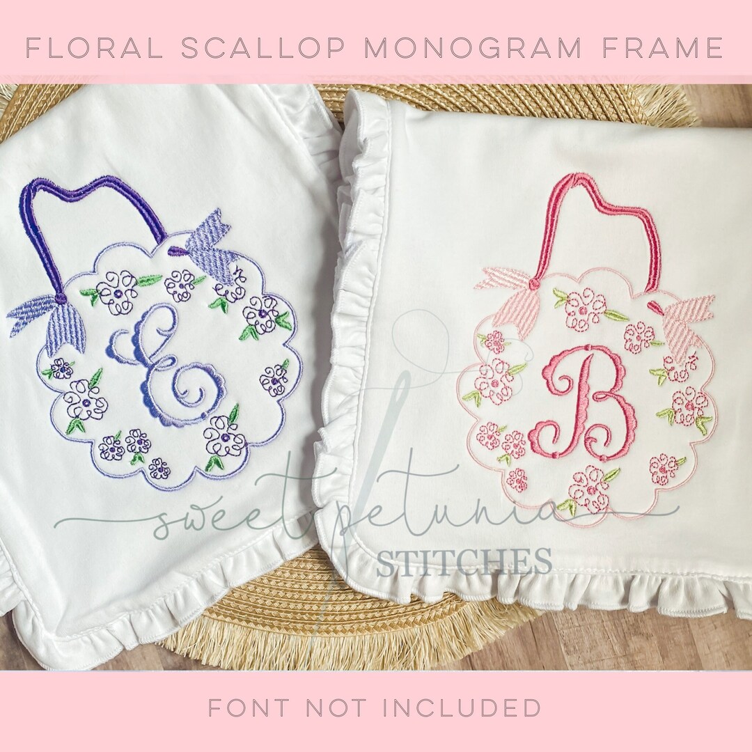 Scallop Monogram Floral Girly Baby Girl Frame Monogram Peony Floral Hydrangea Ditsy Sketch Fill ...