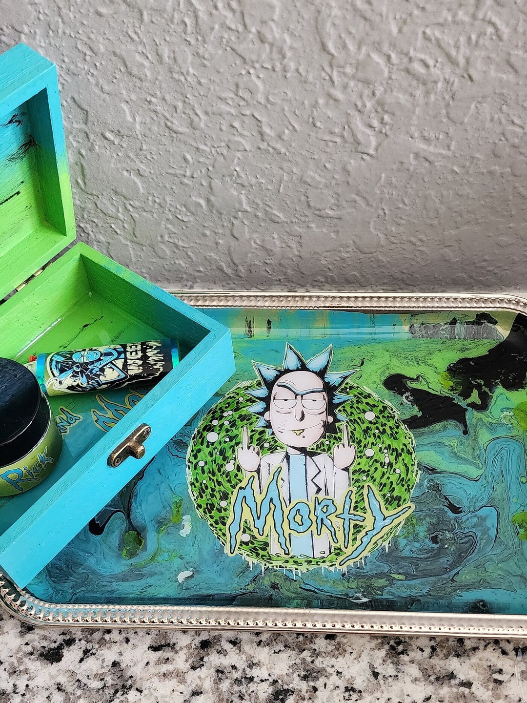 R&M Inspired Rolling Tray Set W/ Lighter, Stash Box and Jar Resin Tray ...