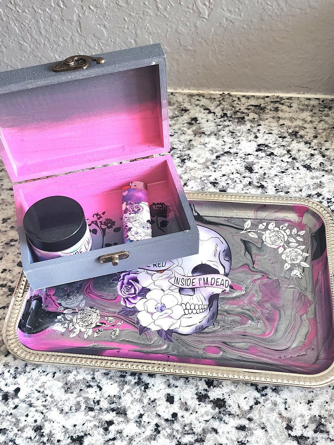 Dead Inside Rolling Tray Set W/ Lighter, Stash Box and Jar Resin Tray ...