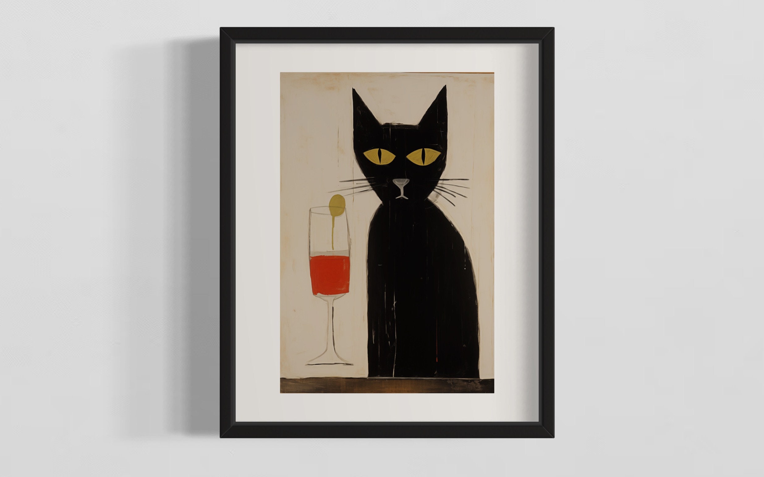 Cocktail Cat Wall Art Print: Cocktail Drinking Cubist Style Black Cat ...