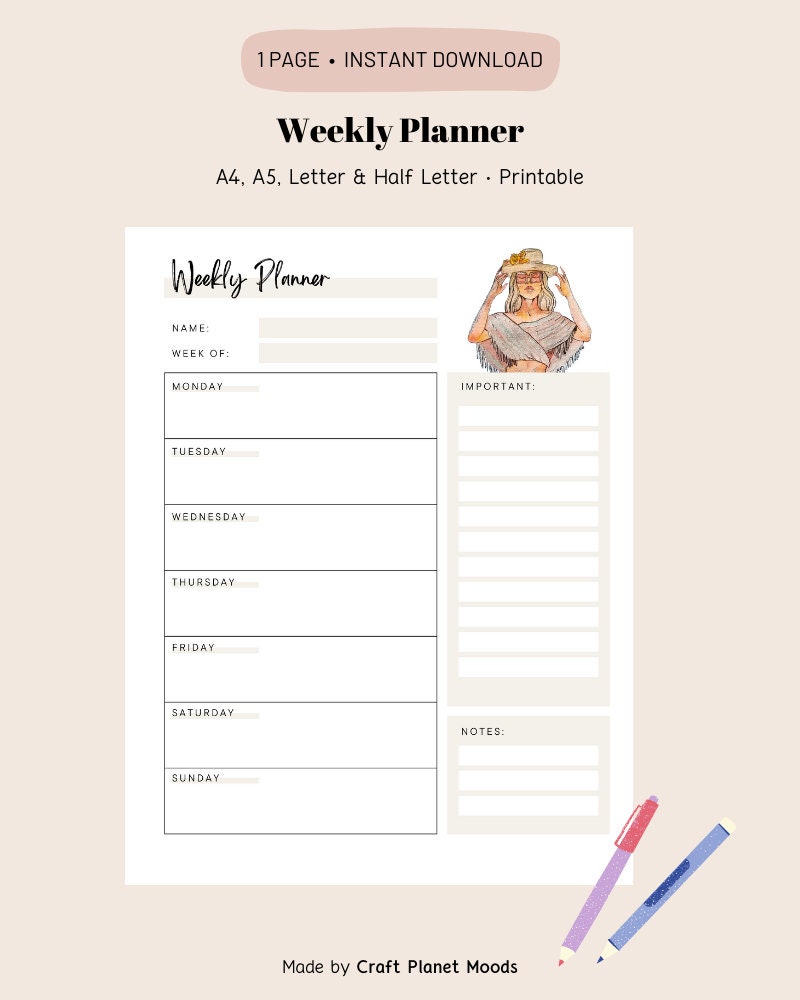 Feminine Weekly Planner Printable to Do List, Weekly Schedule, Weekly ...