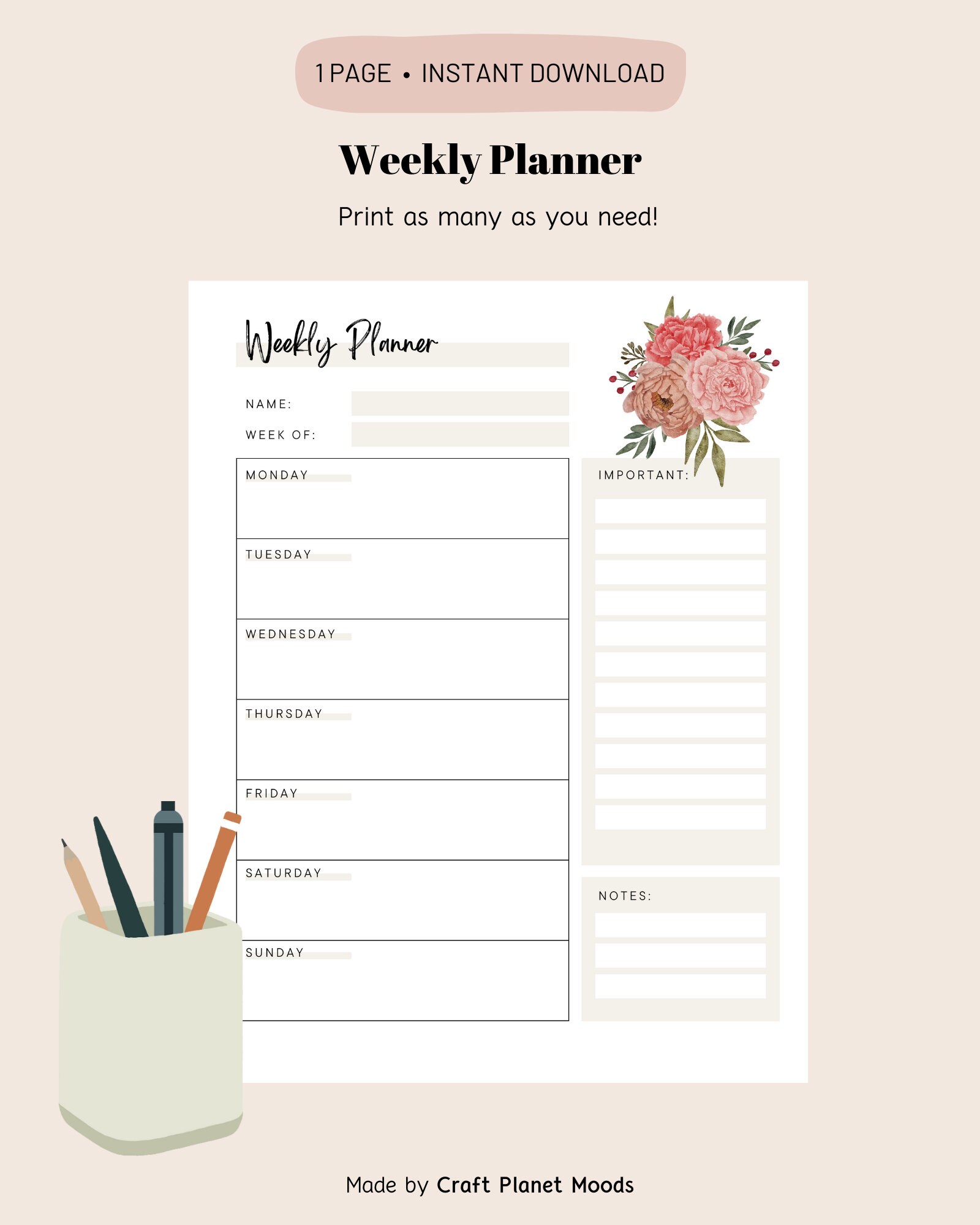 Flowers Weekly Planner Printable to Do List, Weekly Schedule, Weekly ...