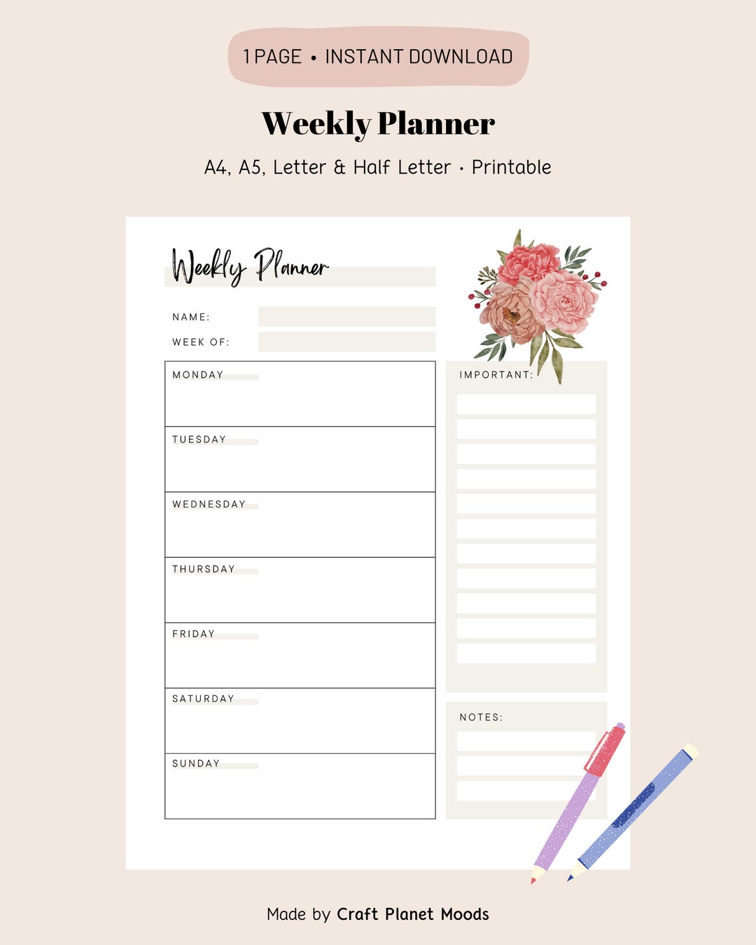 Flowers Weekly Planner Printable to Do List Weekly Schedule - Etsy