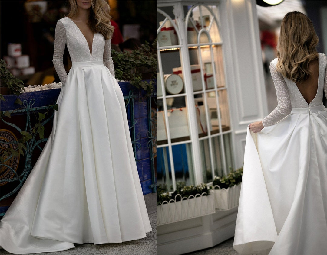 Sparkle Satin Wedding Dresses for Women Sexy V-neck Backless - Etsy