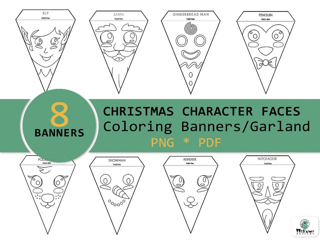 Kids Christmas Character Faces Coloring Banners DIY Garland, PNG, PDF ...
