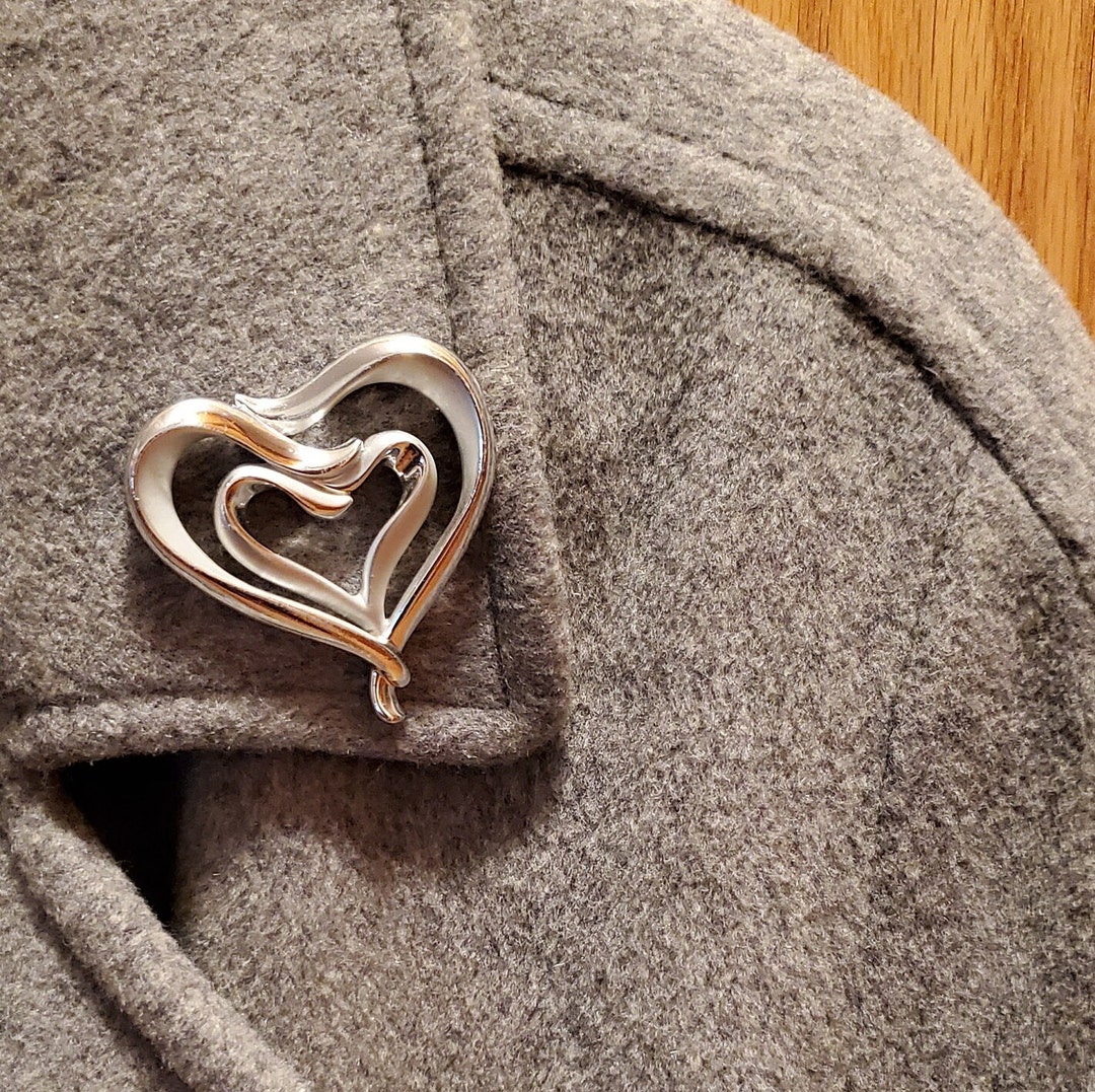 Heart in a Heart Pin, Silver Shiny and Silver Frosted. 2"w X 2.5 H No ...