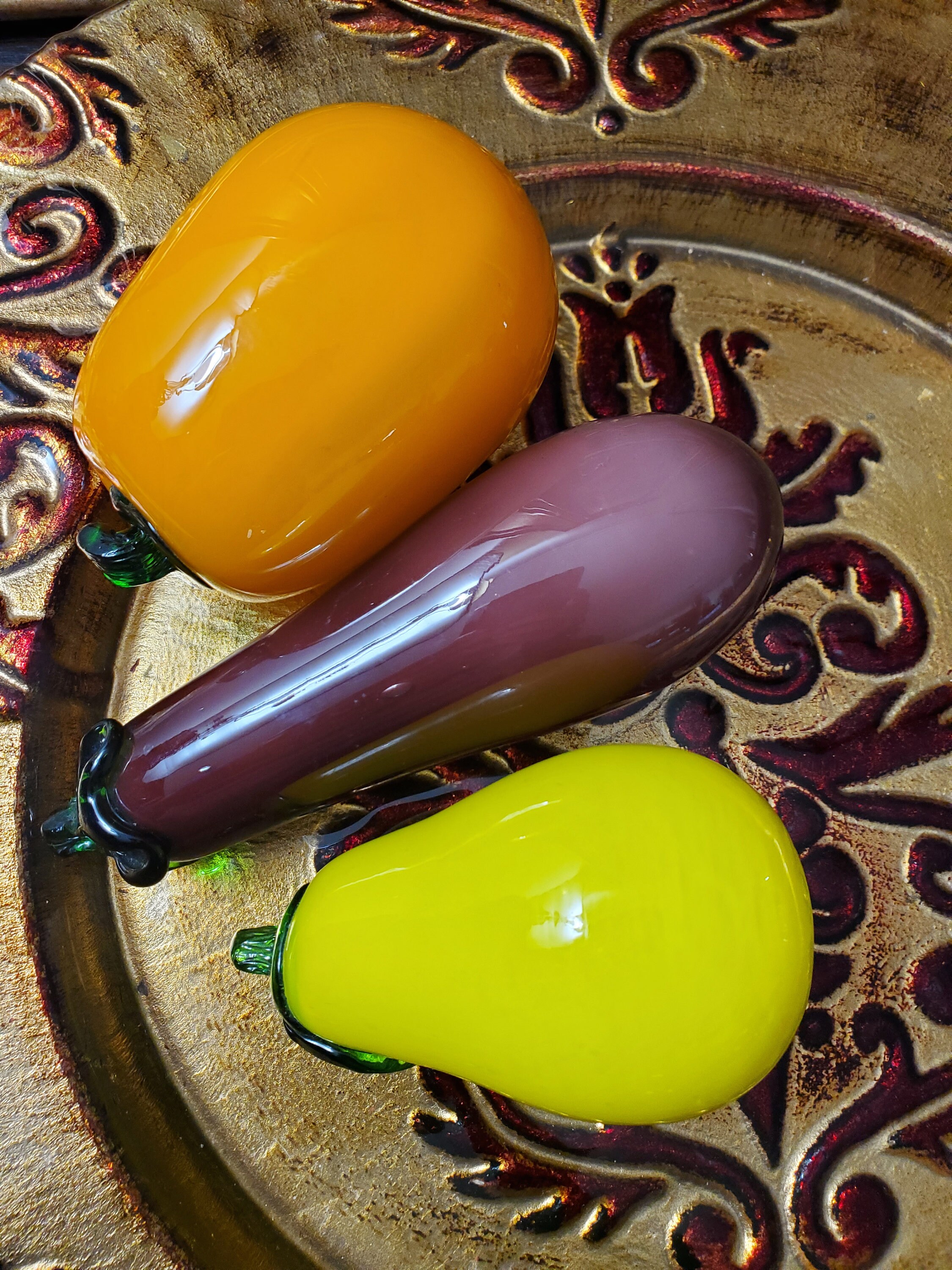 3 Handblown Glass Vegetables, Squash, Eggplant, Pumpkin, Great Colors ...