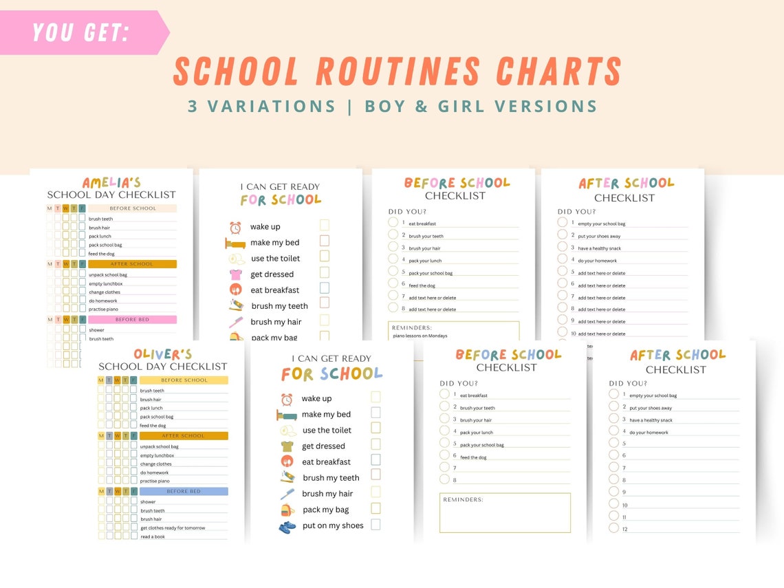 Kids Daily Routine, Before After School Editable Chore Chart, School ...