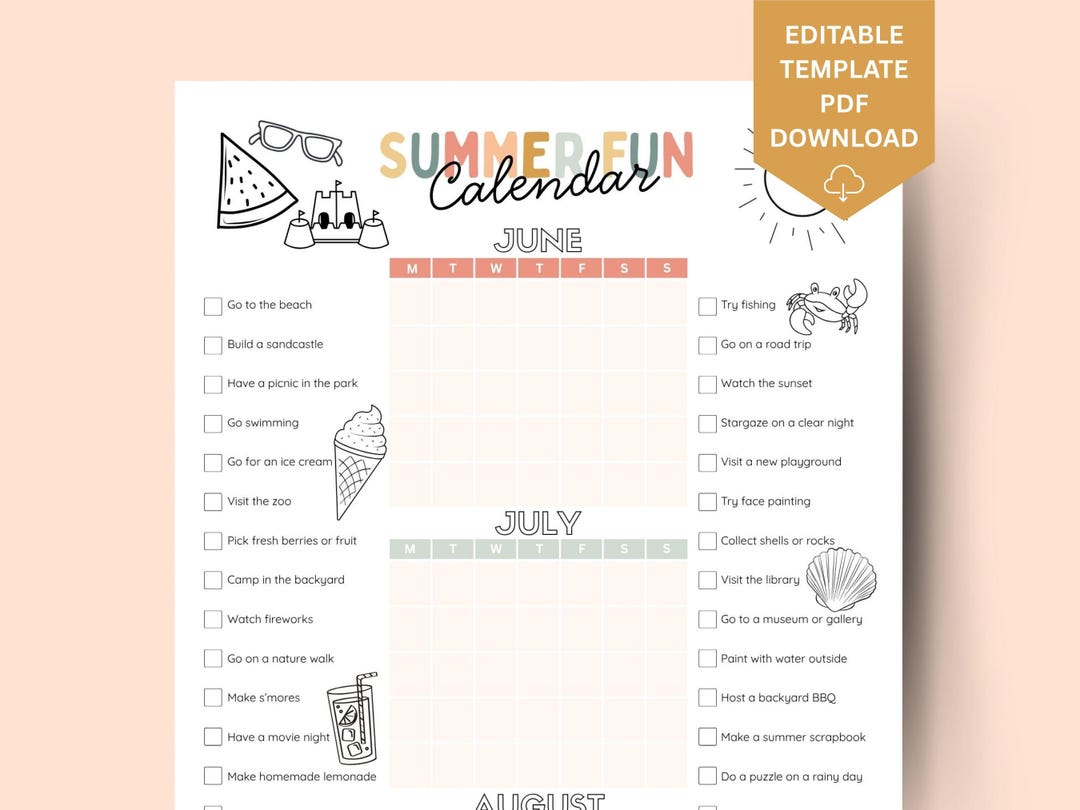 Editable Printable Summer Calendar Coloring, Summer Activities Calendar ...