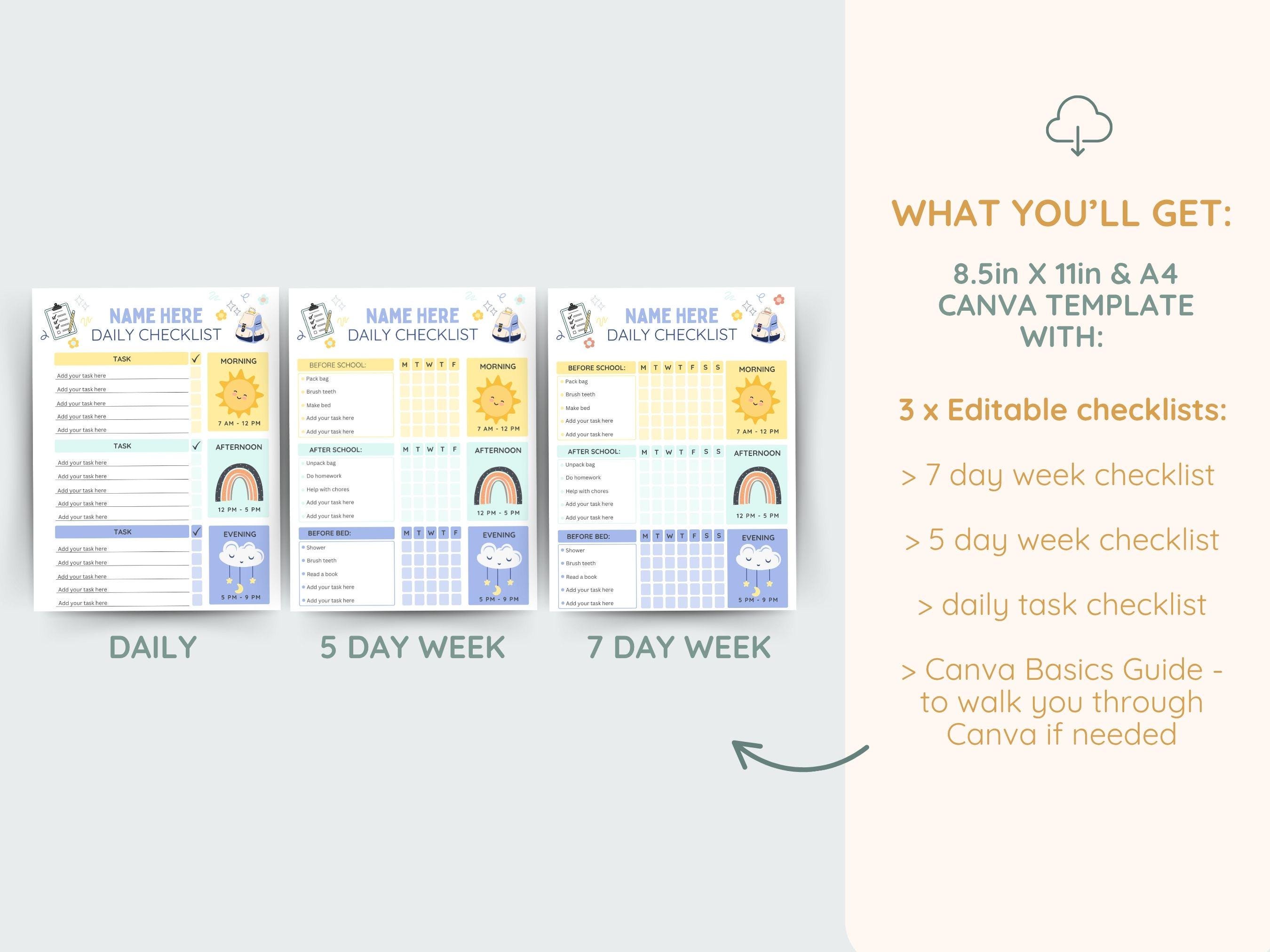 Editable Chore Chart, Kids School Day Checklist Schedule Printable ...
