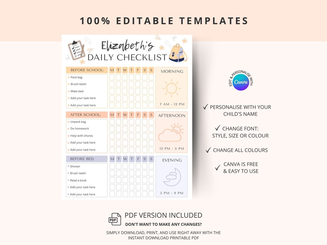 Kids Daily School Checklist Schedule Printable, Editable Chore Chart ...