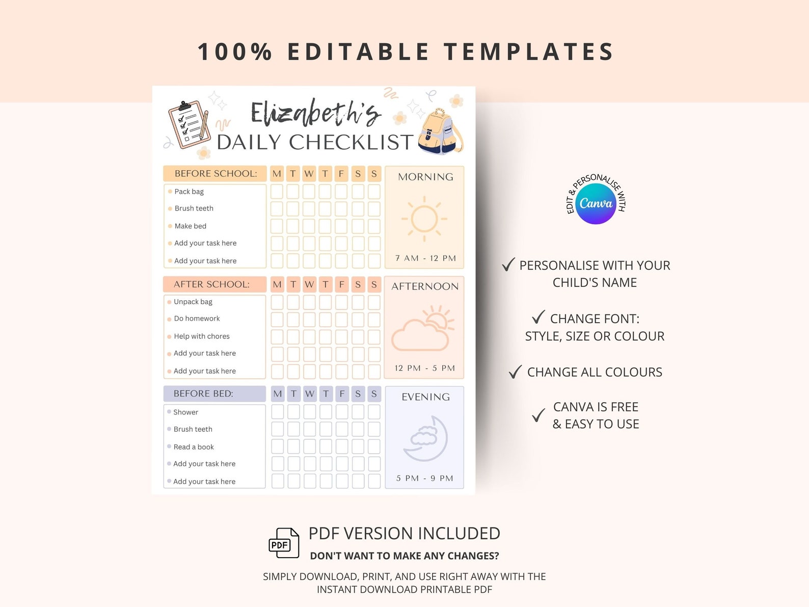 Kids Daily School Checklist Schedule Printable, Editable Chore Chart ...