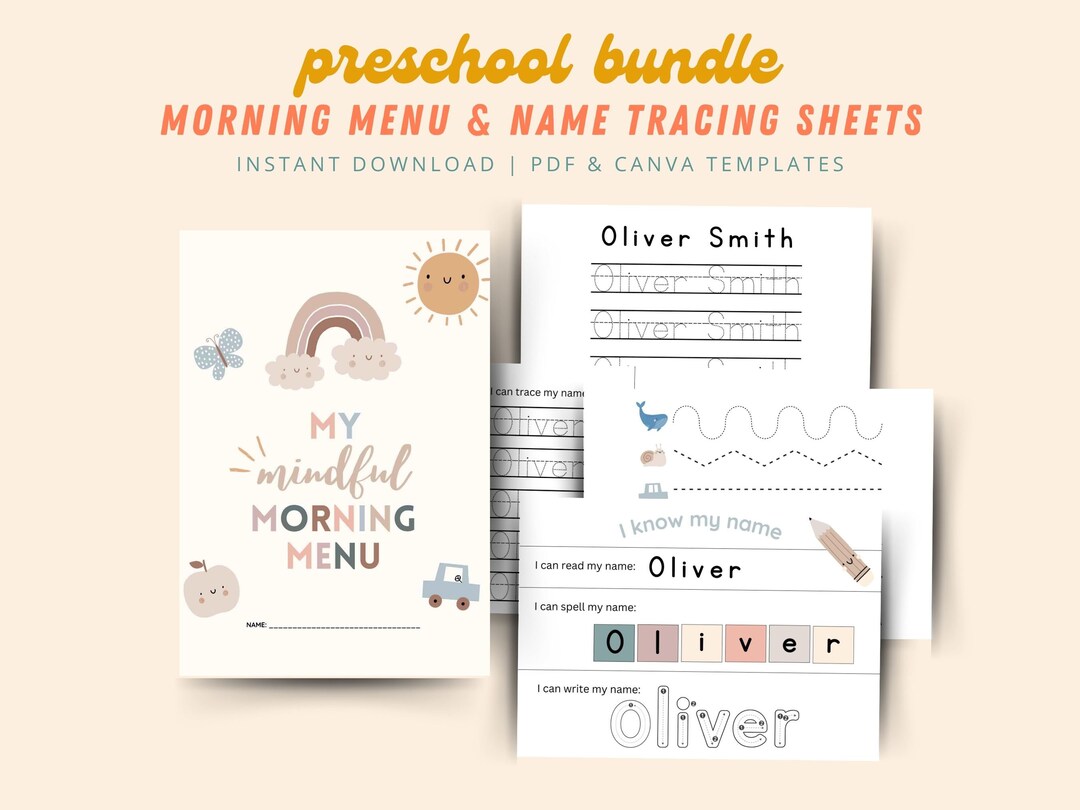 Preschool Morning Menu Printable, Custom Name Tracing Sheet, Homeschool ...