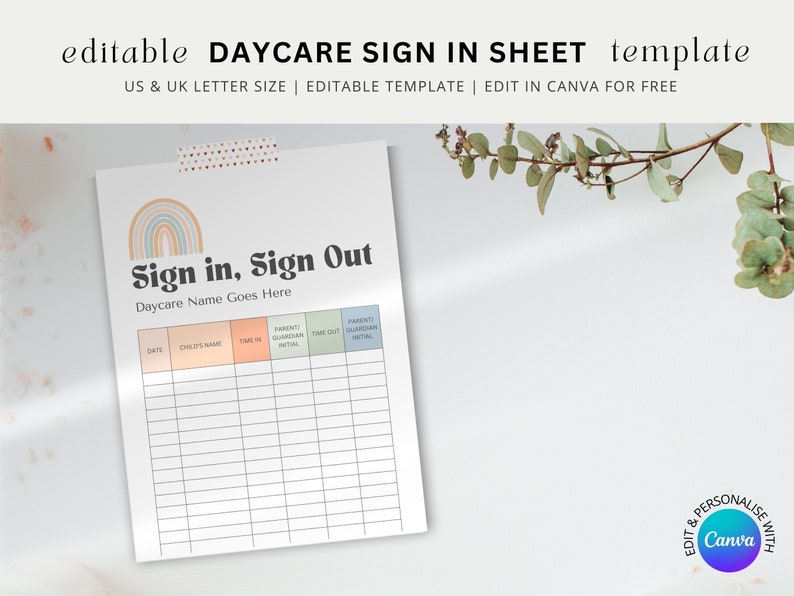Sign in and Out Form for Daycare, Home Daycare, Preschool Sign in Sheet ...