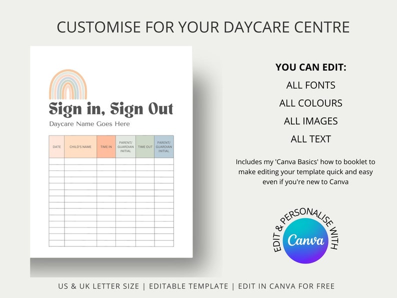 Sign in and Out Form for Daycare, Home Daycare, Preschool Sign in Sheet ...