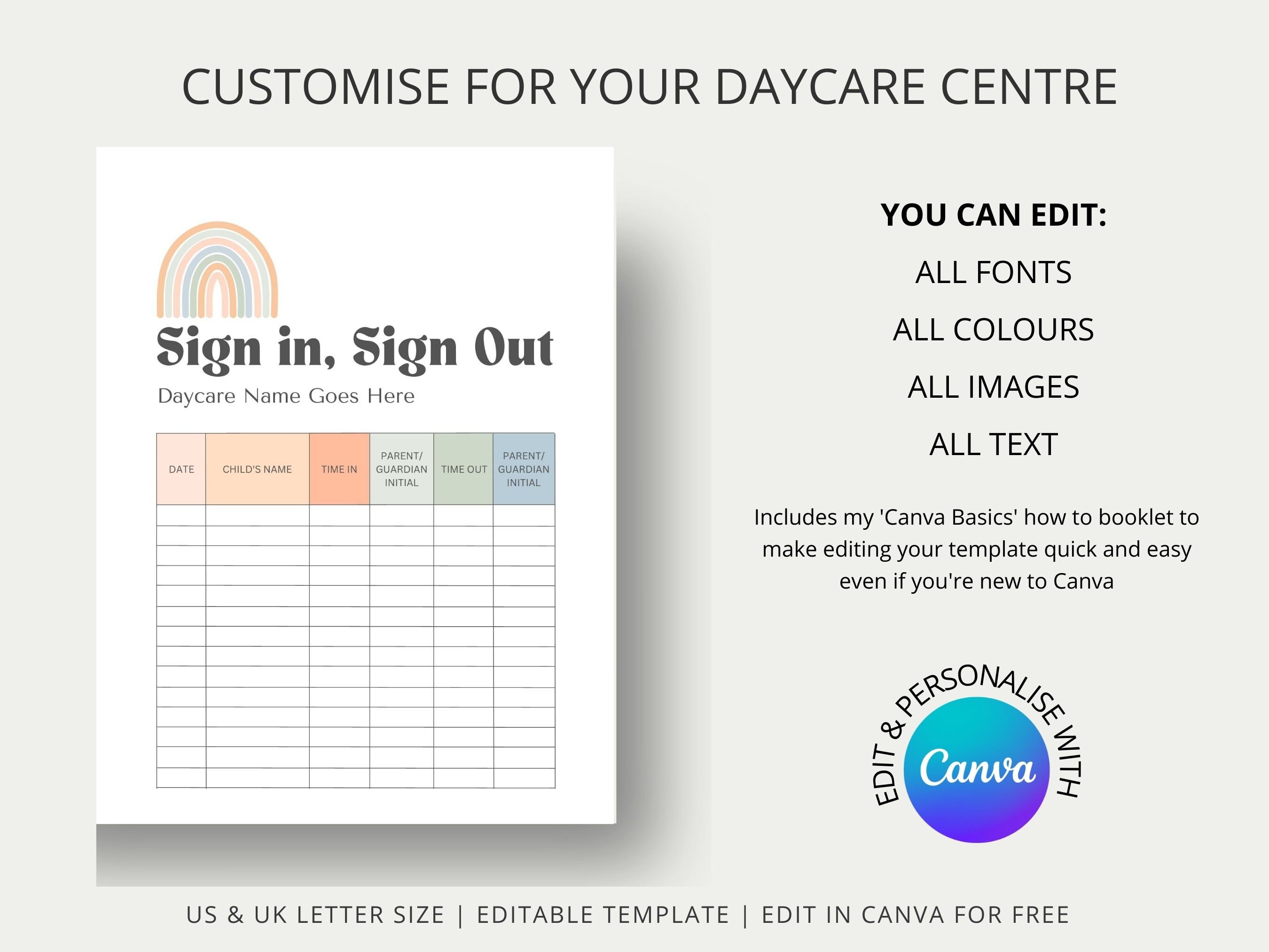 Sign in and Out Form for Daycare, Home Daycare, Preschool Sign in Sheet ...