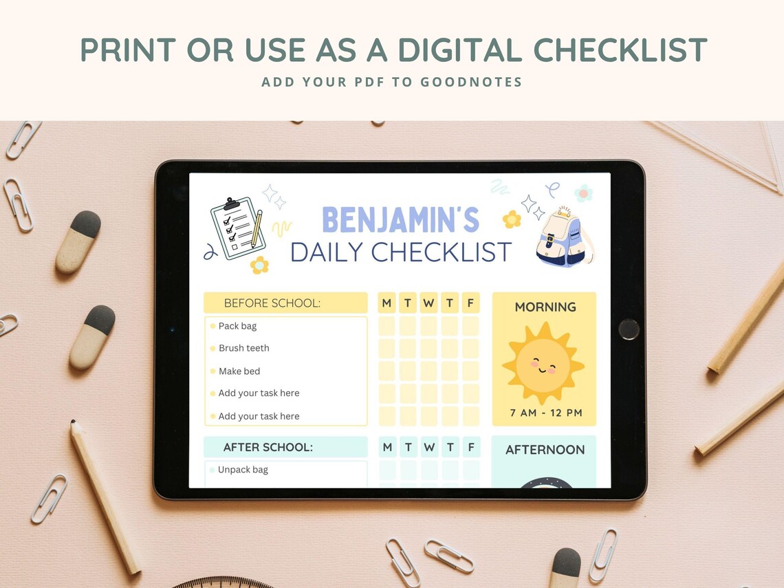 Editable Chore Chart, Kids School Day Checklist Schedule Printable ...