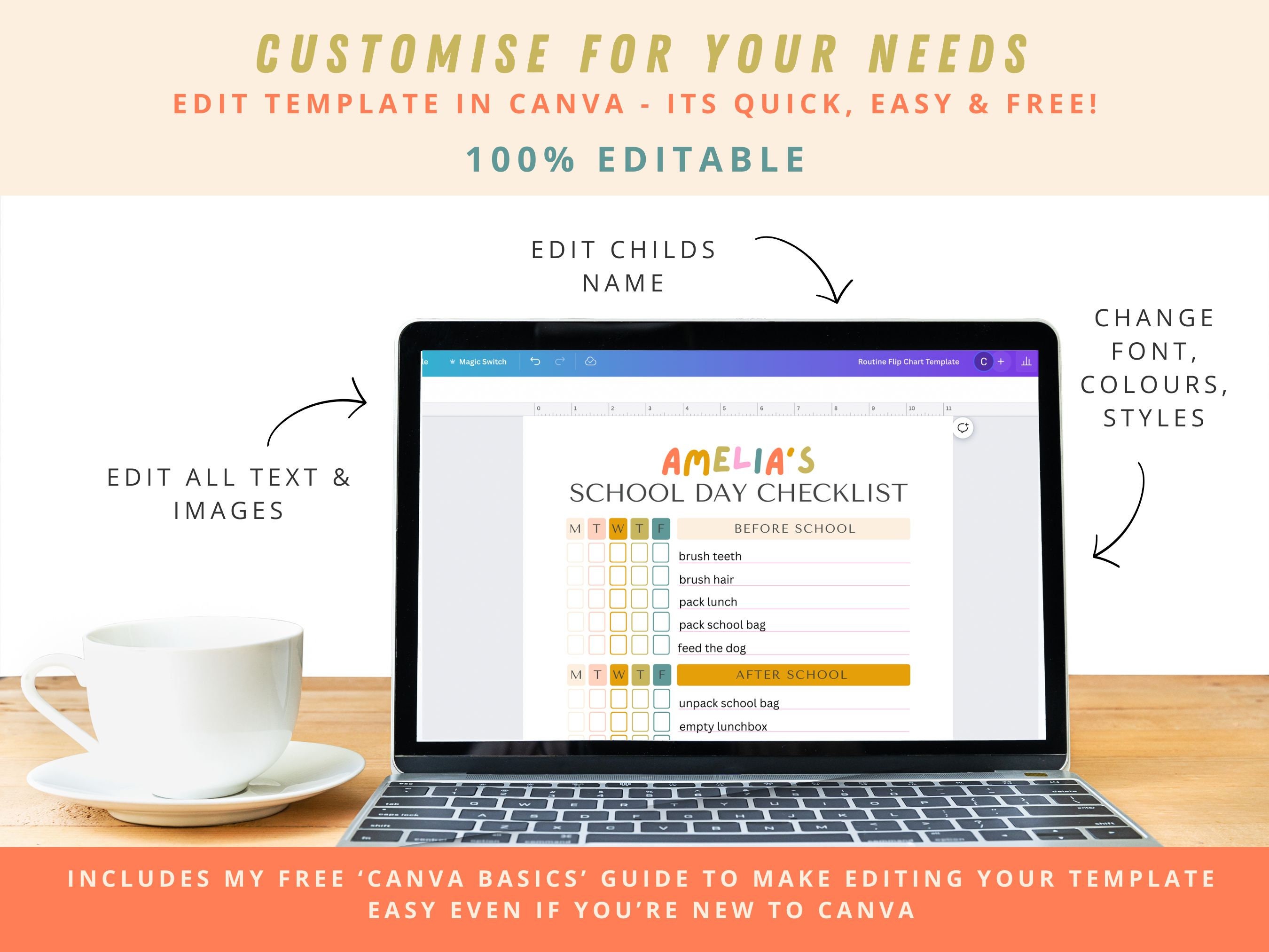 Kids Daily Routine, Before After School Editable Chore Chart, School ...