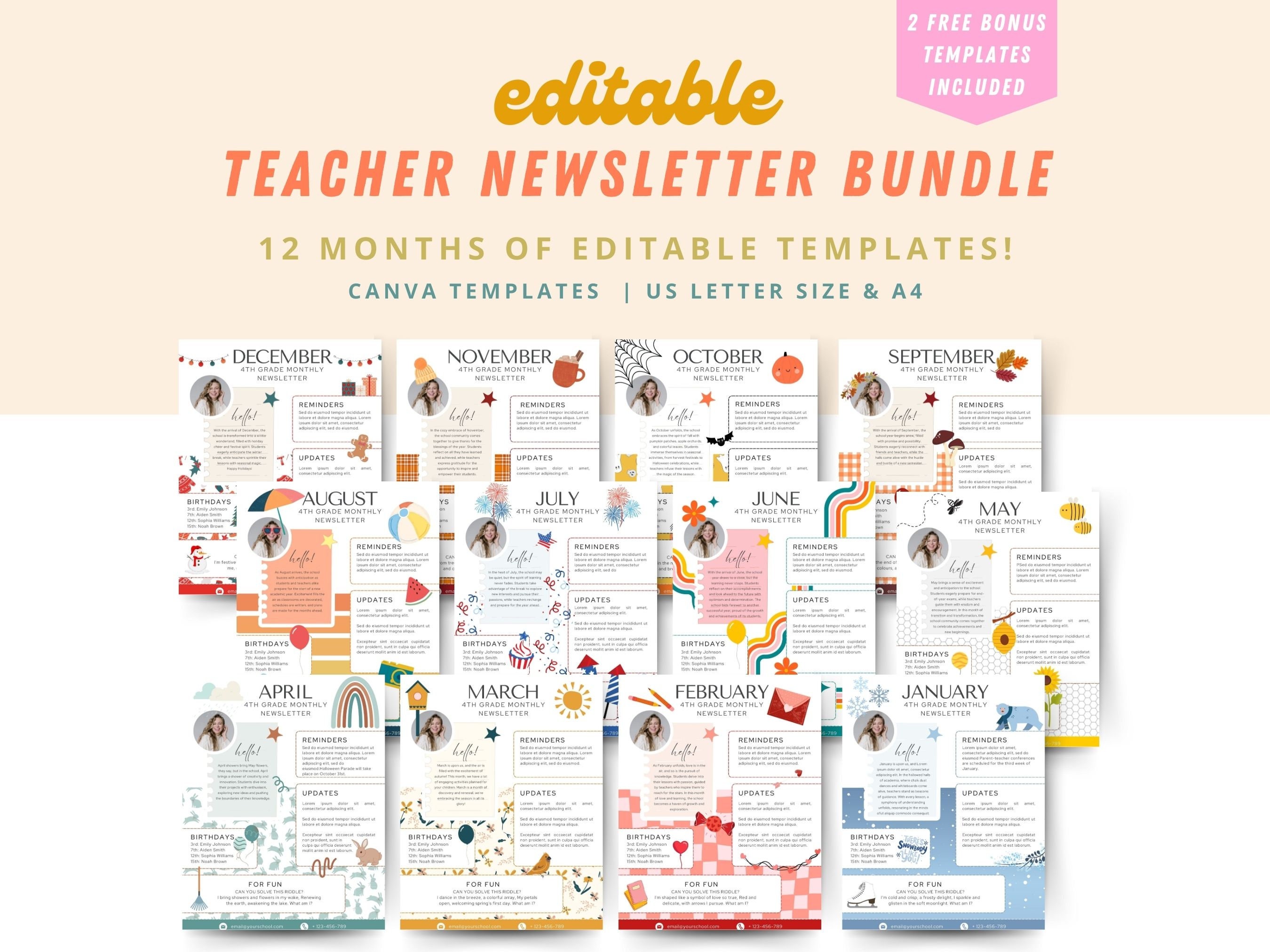 Editable School Newsletter Template, Newsletter Bundle, Monthly ...