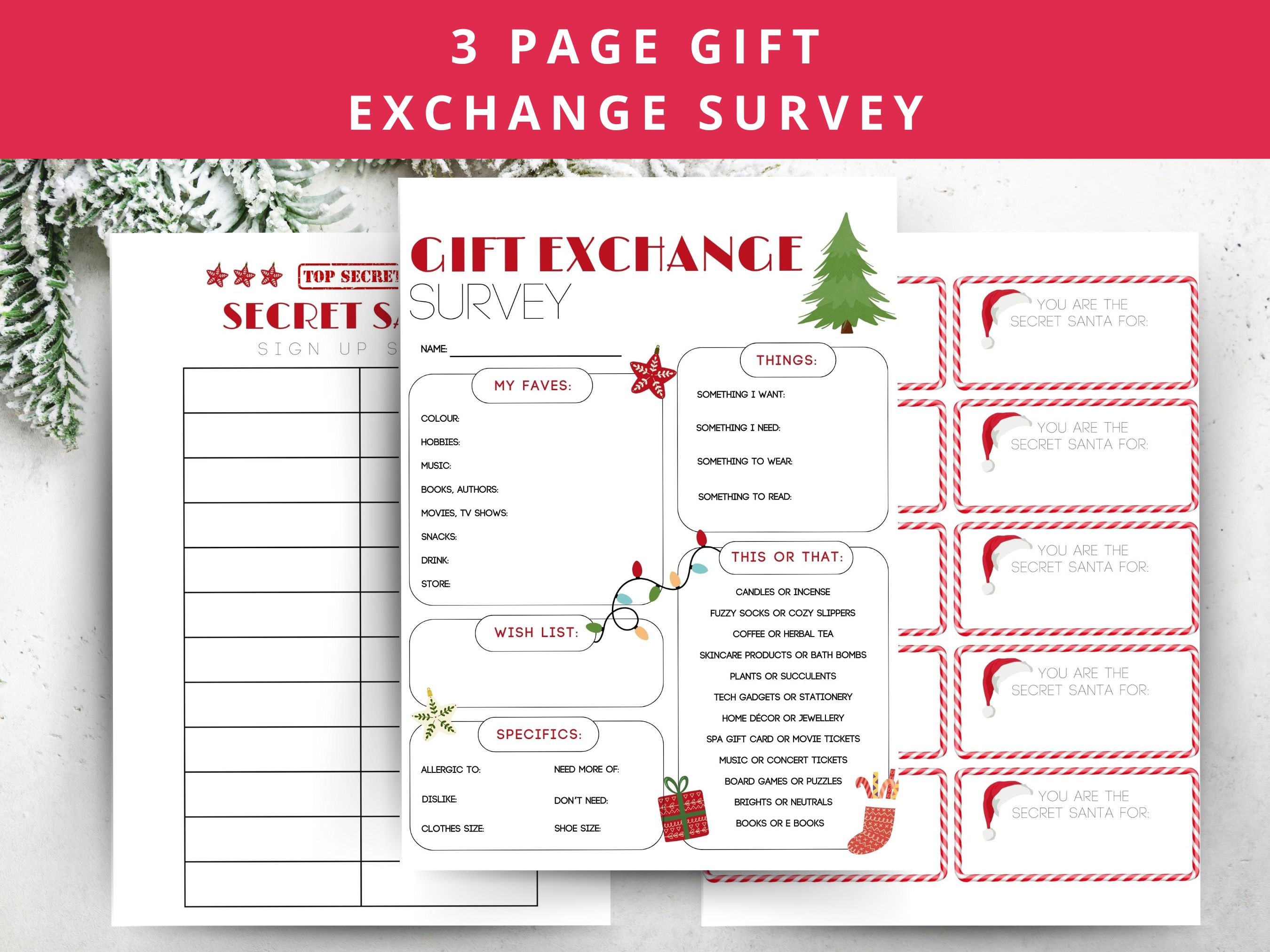 Office Gift Exchange Survey Form, Secret Santa Questionnaire for ...