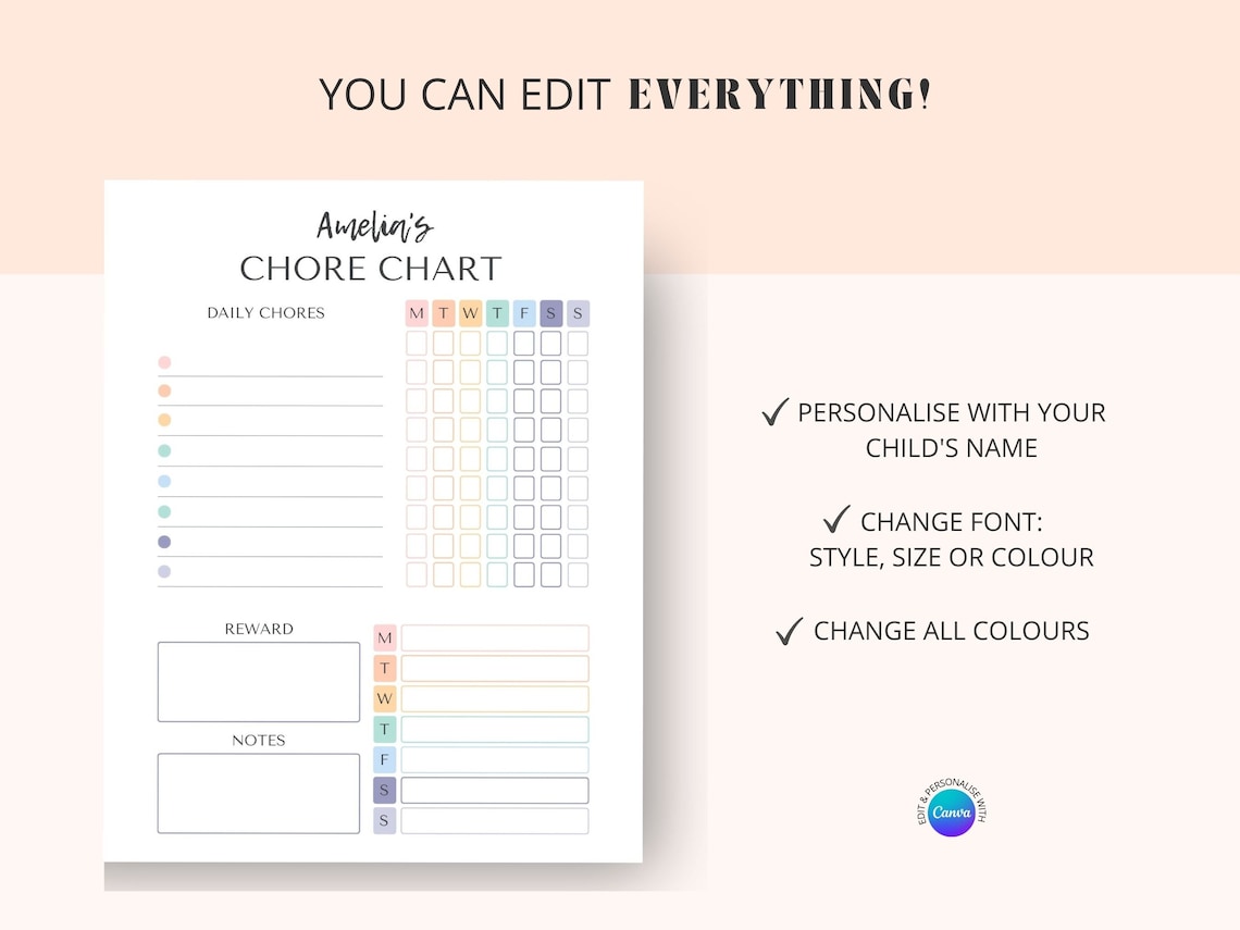 Editable Kids Chore Charts Reward Allowance Screen Time - Etsy
