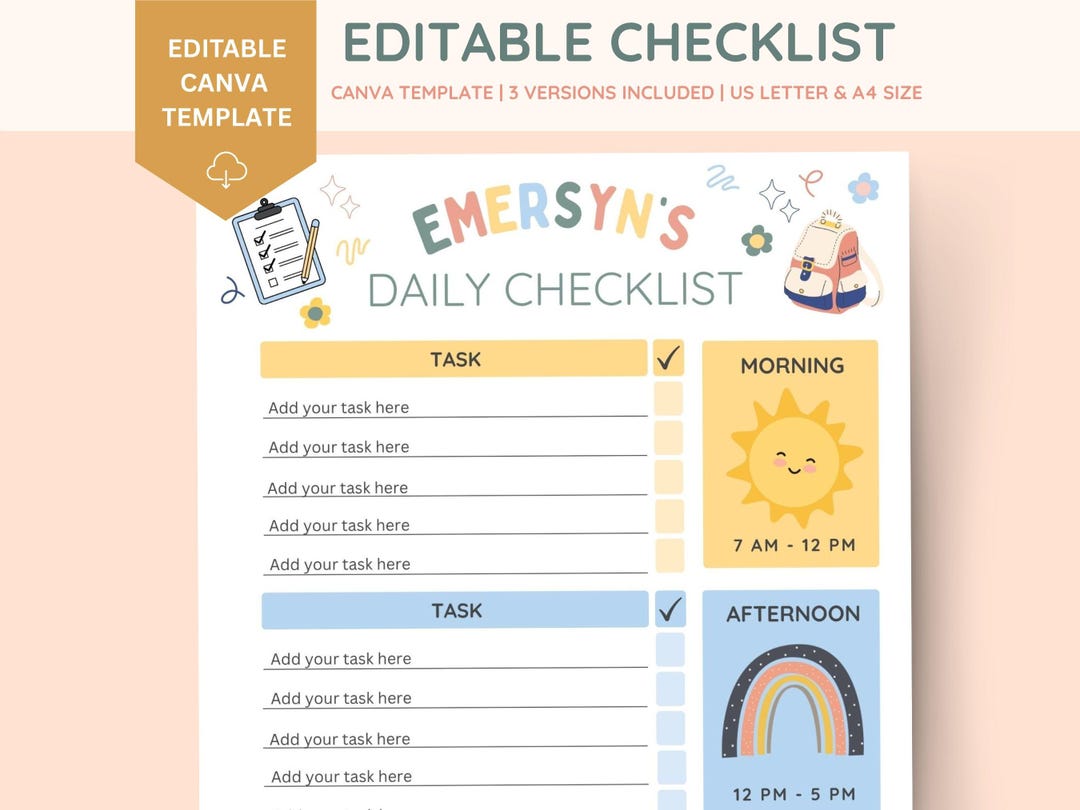 Editable Chore Chart, Kids School Day Checklist Schedule Printable ...