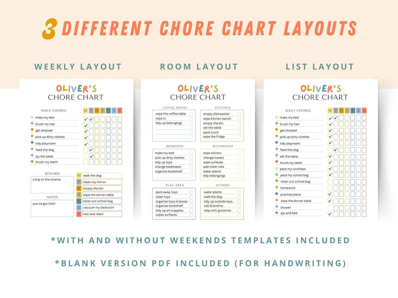 Editable Kids Chore Chart, Reward, Allowance, Screen Time, School ...