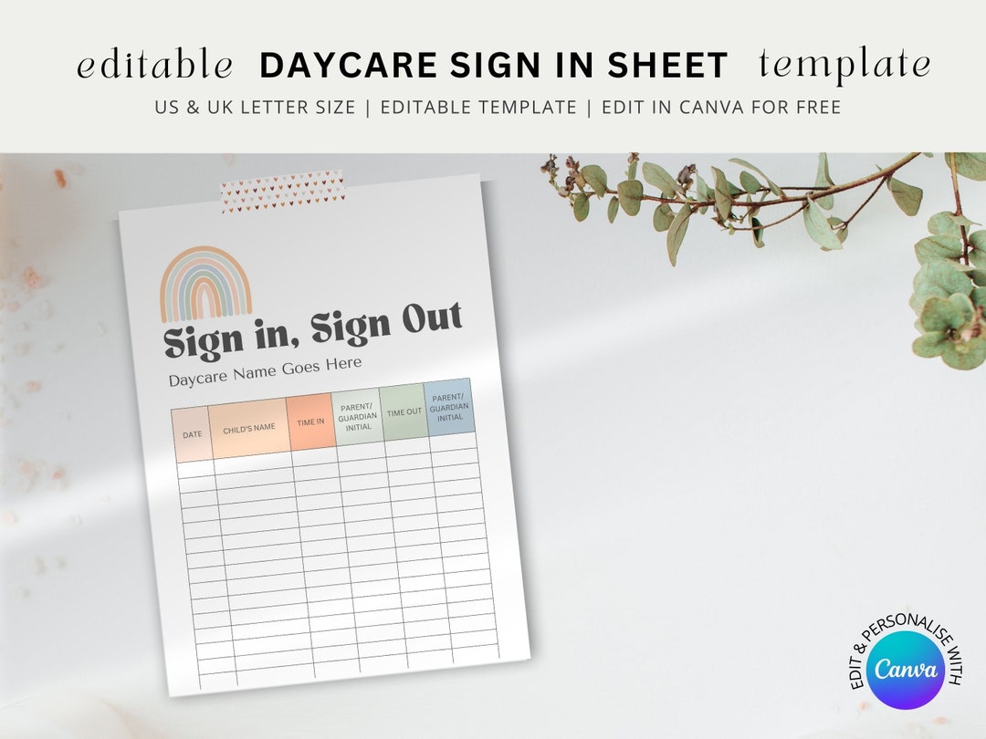 Sign in and Out Form for Daycare, Home Daycare, Preschool Sign in Sheet ...