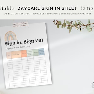 Sign in and Out Form for Daycare, Home Daycare, Preschool Sign in Sheet ...