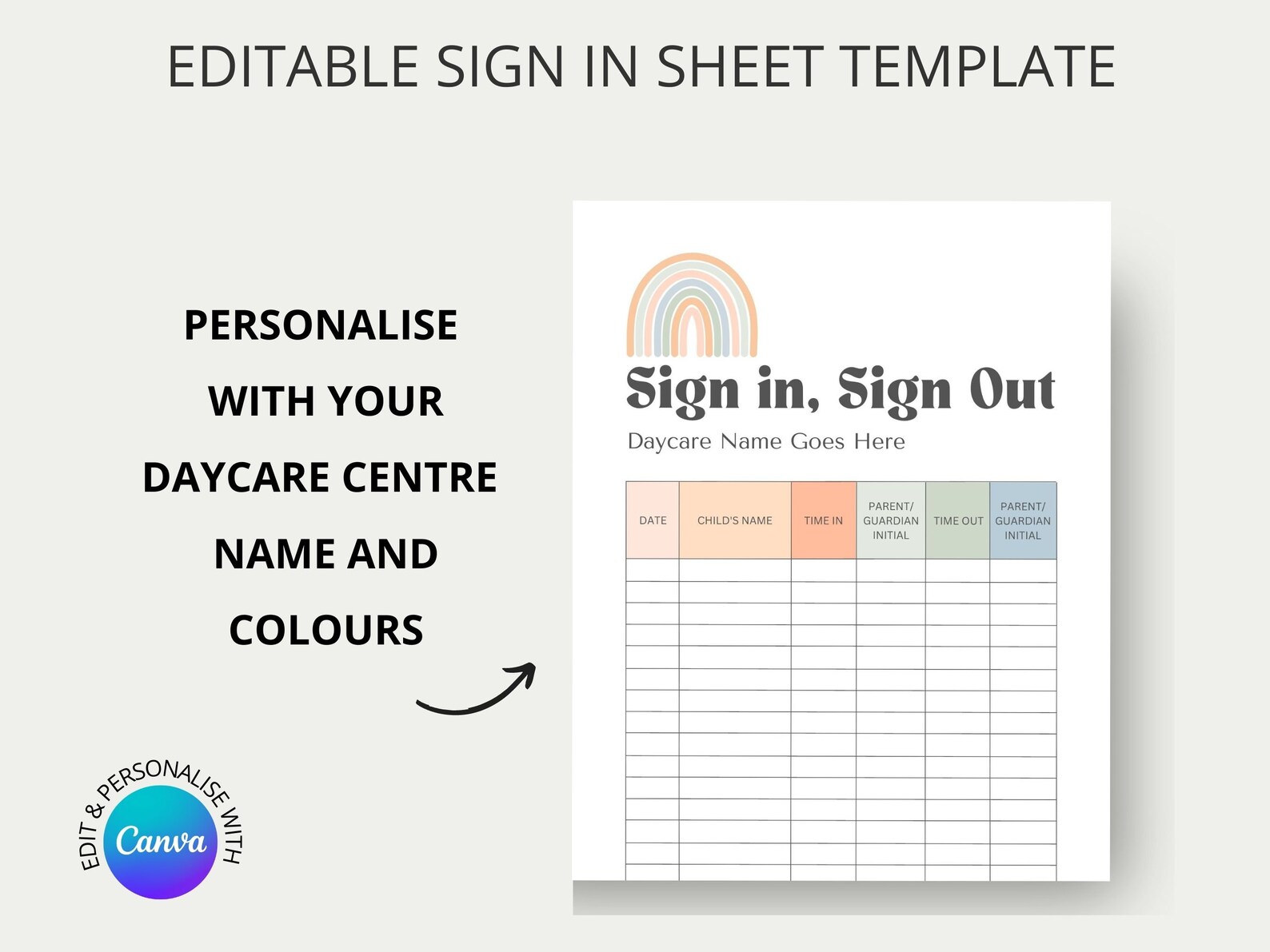 Sign in and Out Form for Daycare, Home Daycare, Preschool Sign in Sheet ...