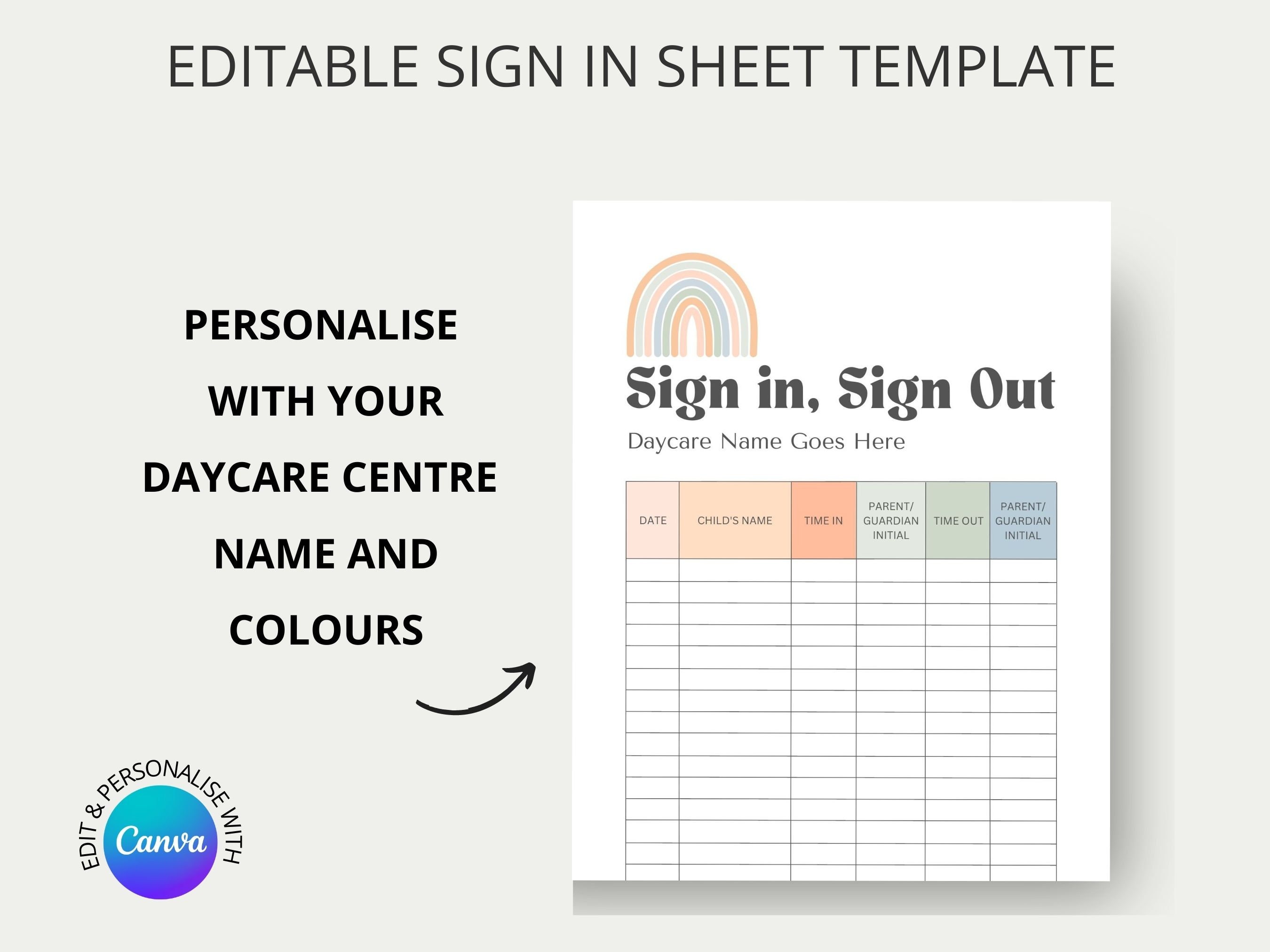 Sign in and Out Form for Daycare, Home Daycare, Preschool Sign in Sheet ...
