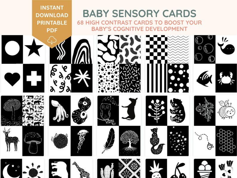 68 High Contrast Baby Cards Bundle Printable Montessori Black and White ...