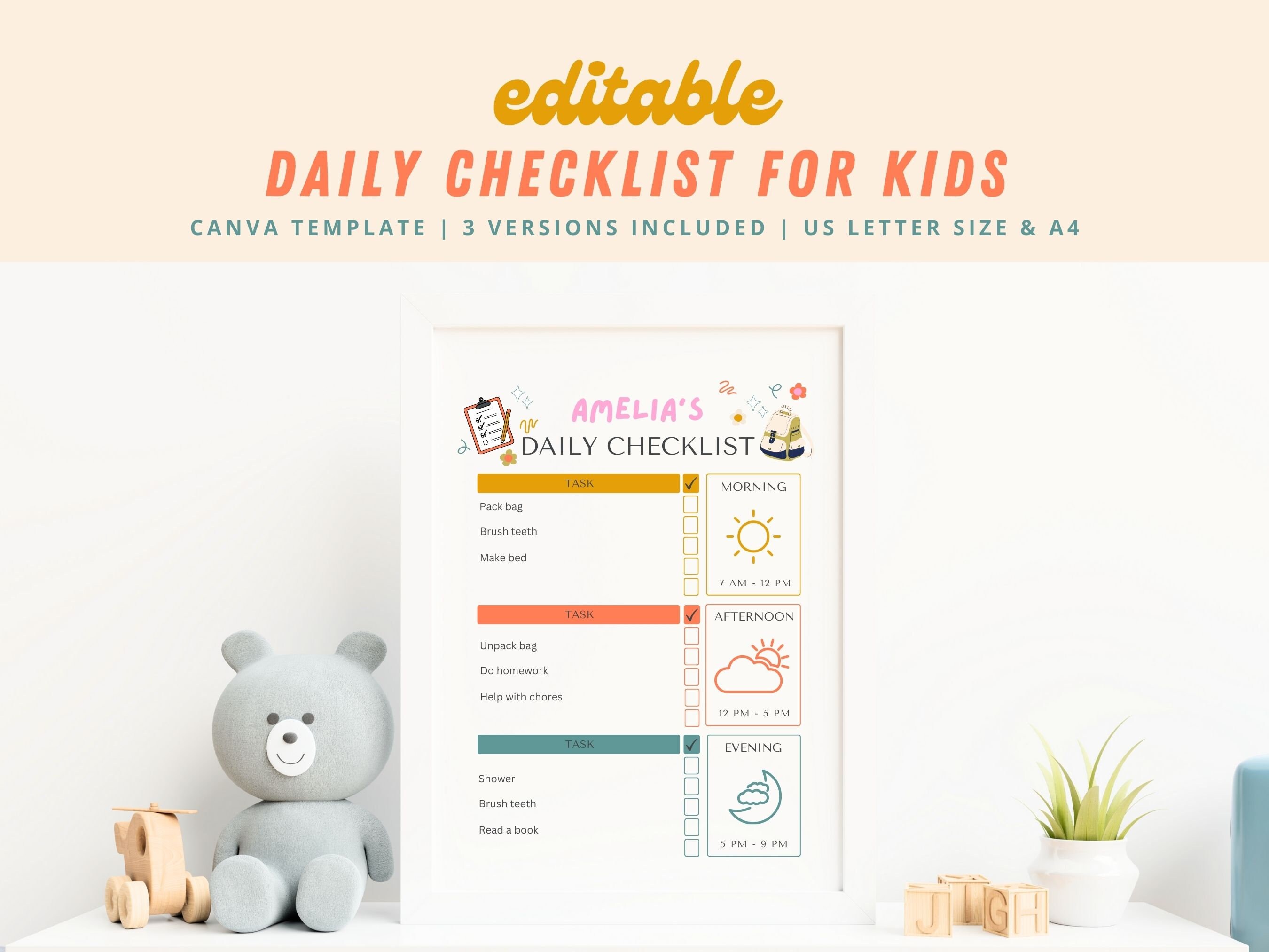 Kids School Day Checklist Schedule Printable, Editable Chore Chart ...