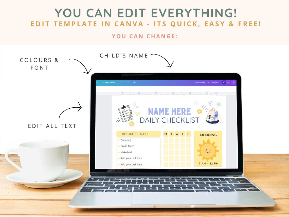 Editable Chore Chart, Kids School Day Checklist Schedule Printable ...