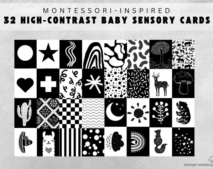 120 High Contrast Baby Cards Bundle Printable Montessori Black and ...