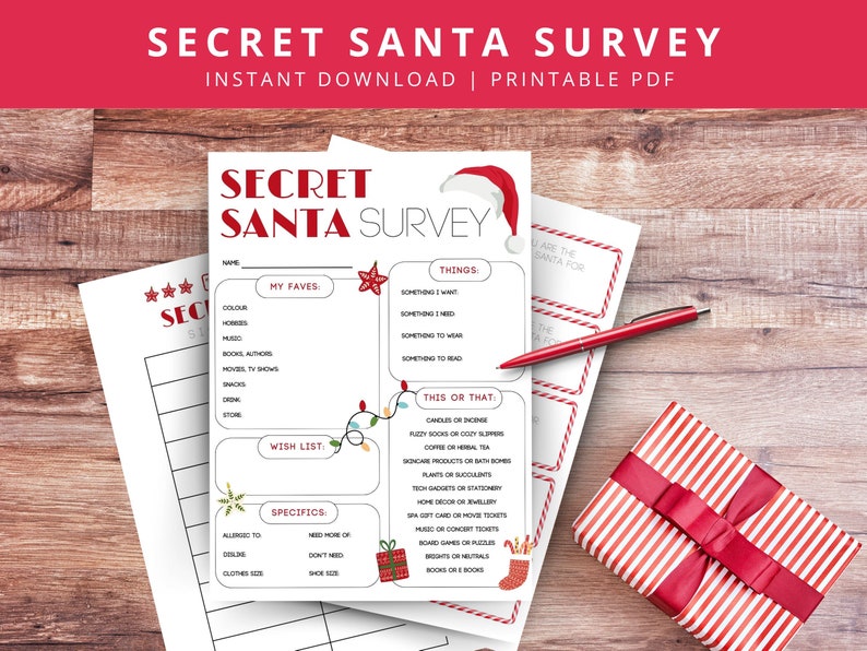 Office Gift Exchange Survey Form, Secret Santa Questionnaire for ...