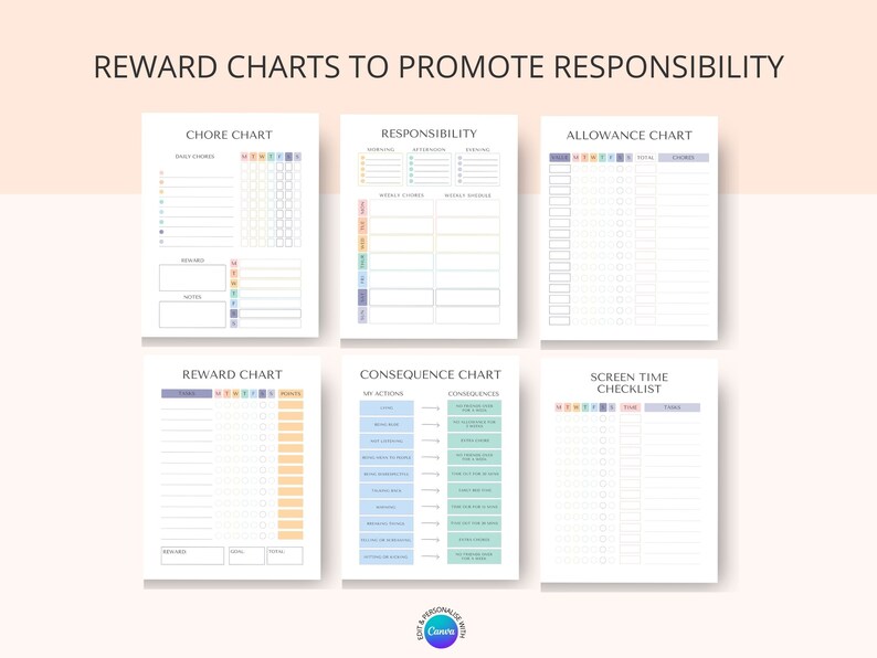 Editable Kids Chore Charts, Reward, Allowance, Screen Time, School ...
