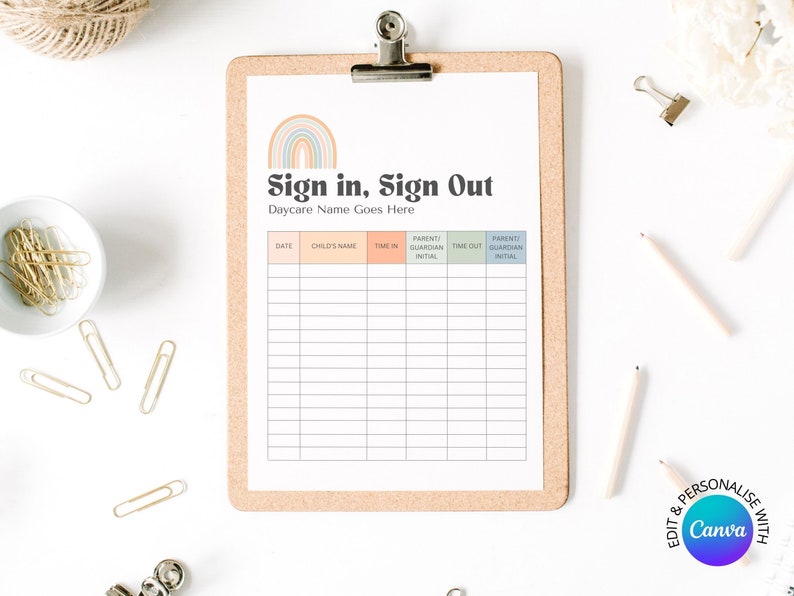 Sign in and Out Form for Daycare, Home Daycare, Preschool Sign in Sheet ...