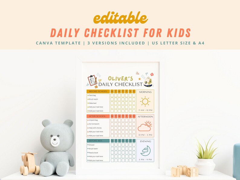 Kids School Day Checklist Schedule Printable, Editable Chore Chart ...
