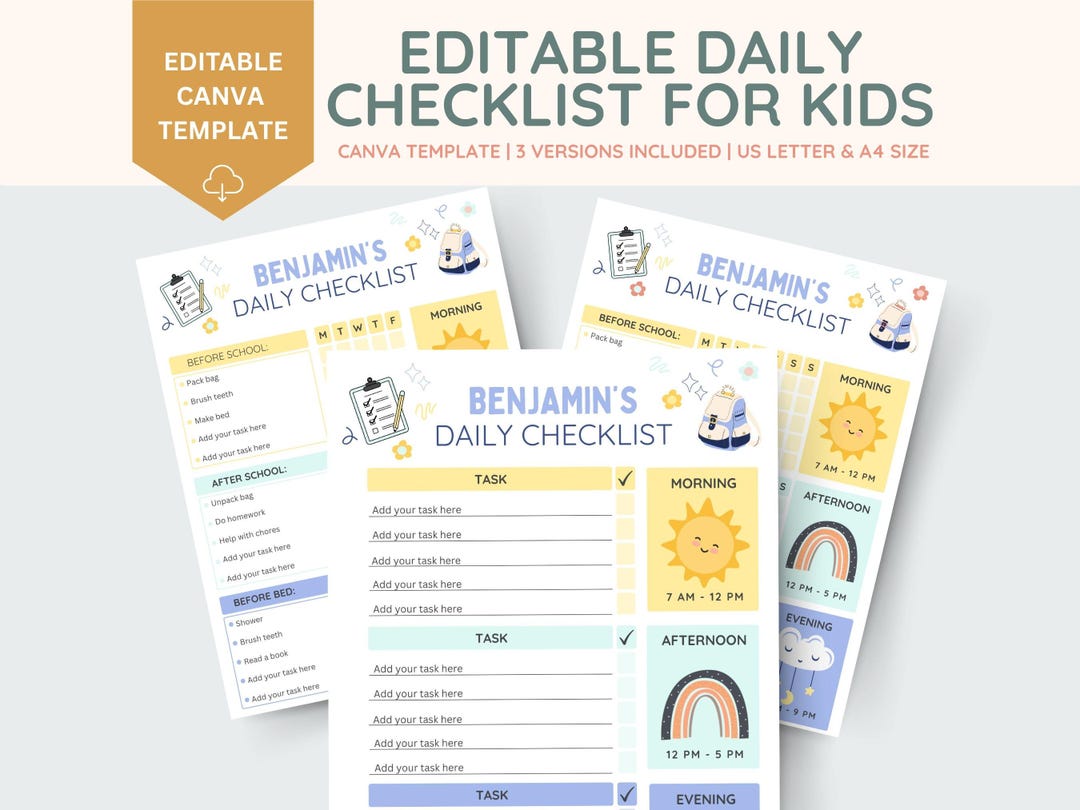Editable Chore Chart, Kids School Day Checklist Schedule Printable ...