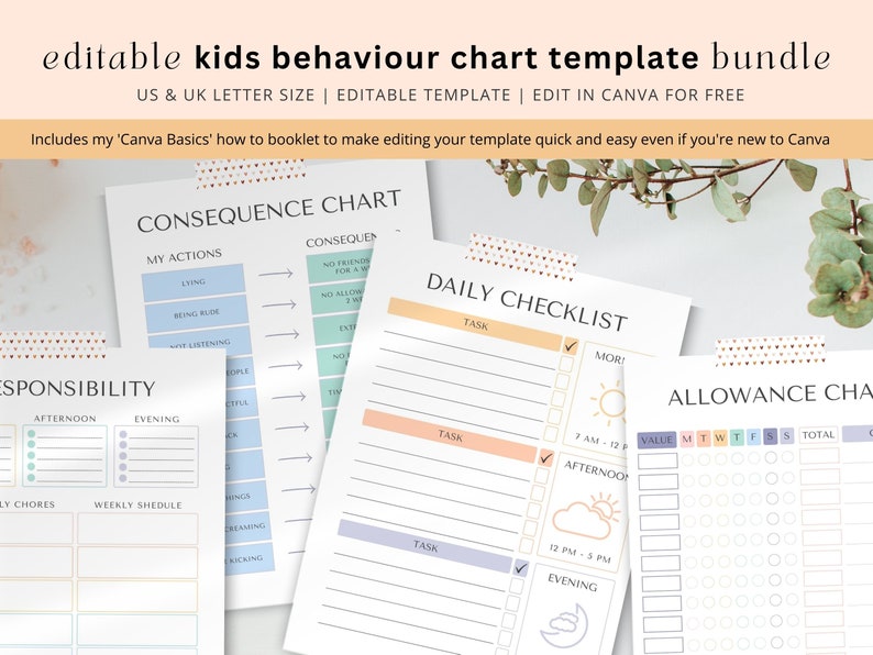 Editable Kids Chore Charts, Reward, Allowance, Screen Time, School ...