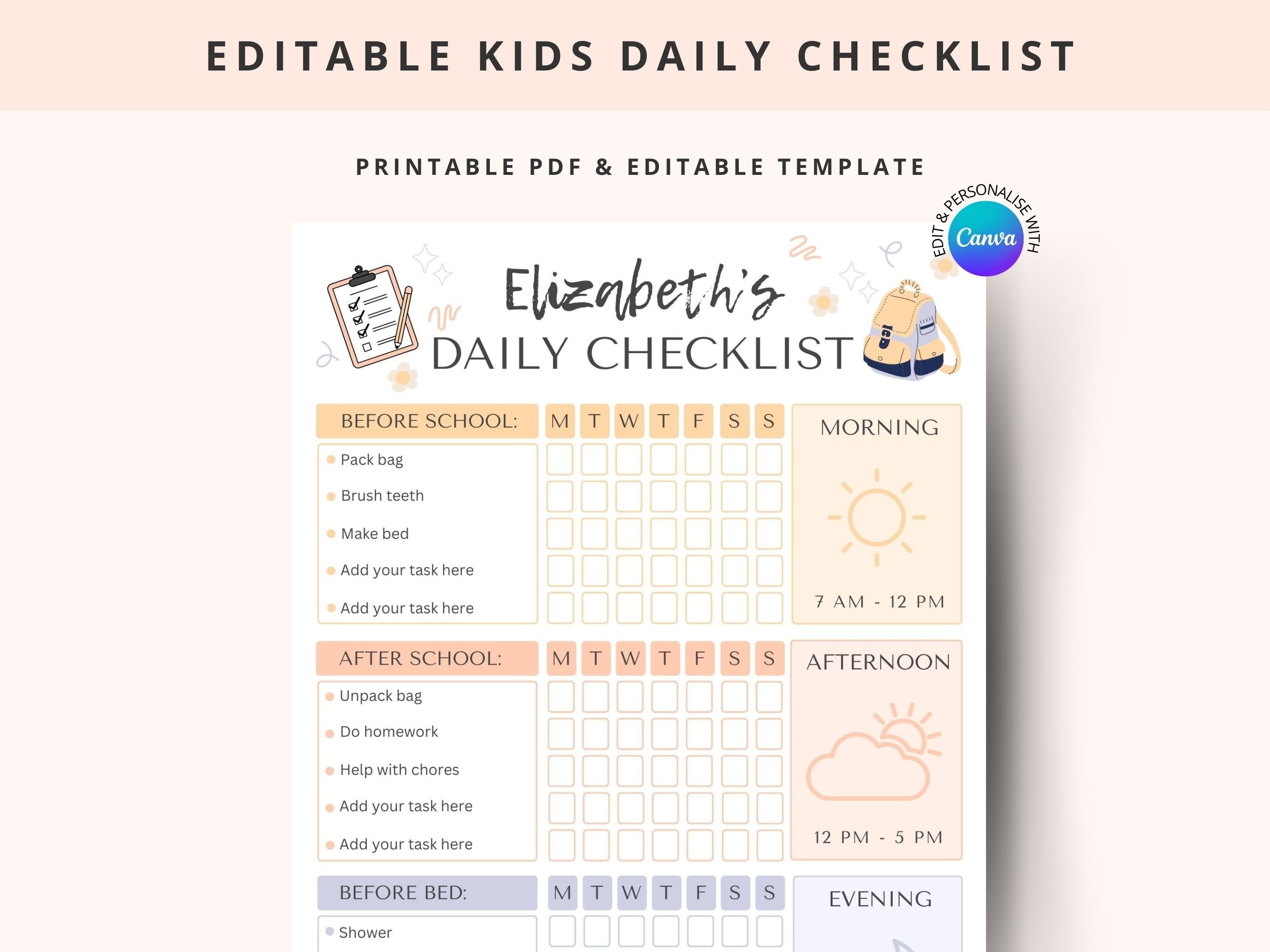 Kids Daily School Checklist Schedule Printable, Editable Chore Chart ...